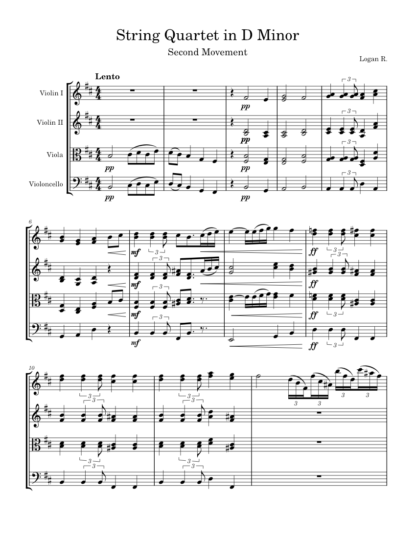String Quartet in D Minor (Op. 4 No. 1) - Second Movement Sheet music for Violin, Viola, Cello ...