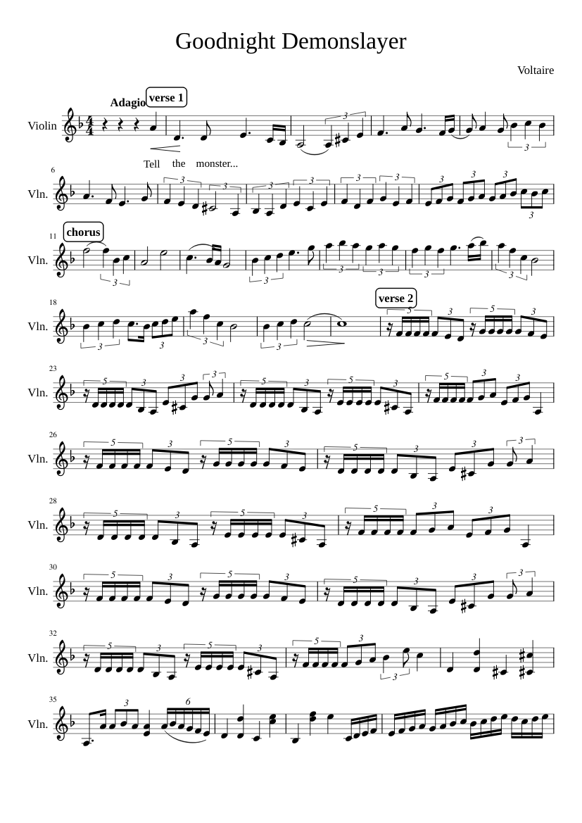 Goodnight Demonslayer Sheet Music for Violin (Solo) | MuseScore.com