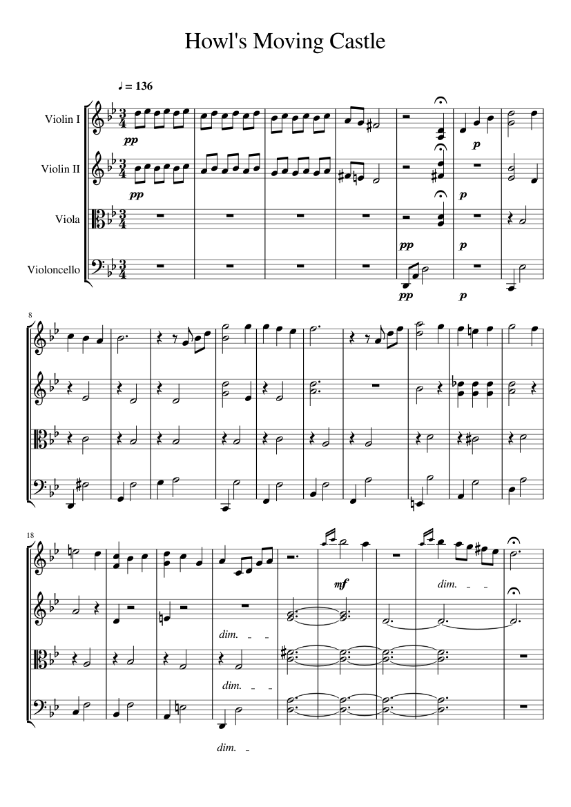 Howl's Moving Castle Sheet music for Violin, Viola, Cello (String ...