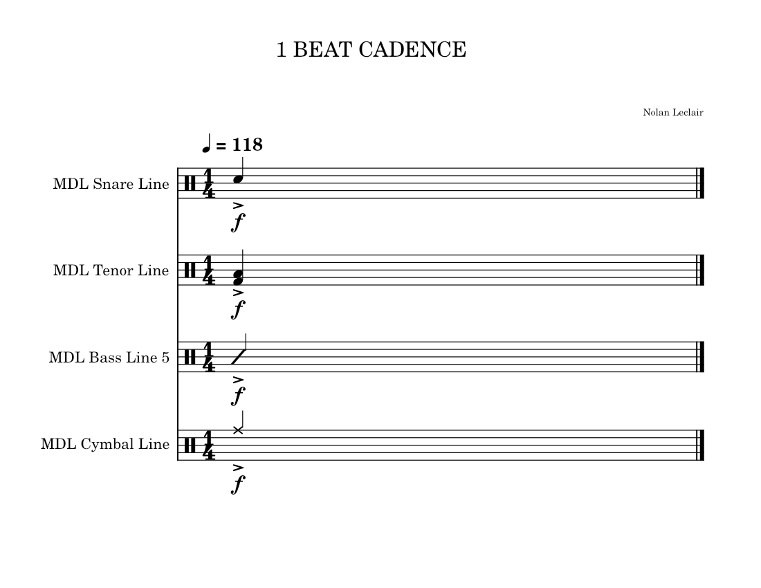 1 BEAT CADENCE Sheet music for Snare drum, Crash, Tenor drum, Bass drum ...