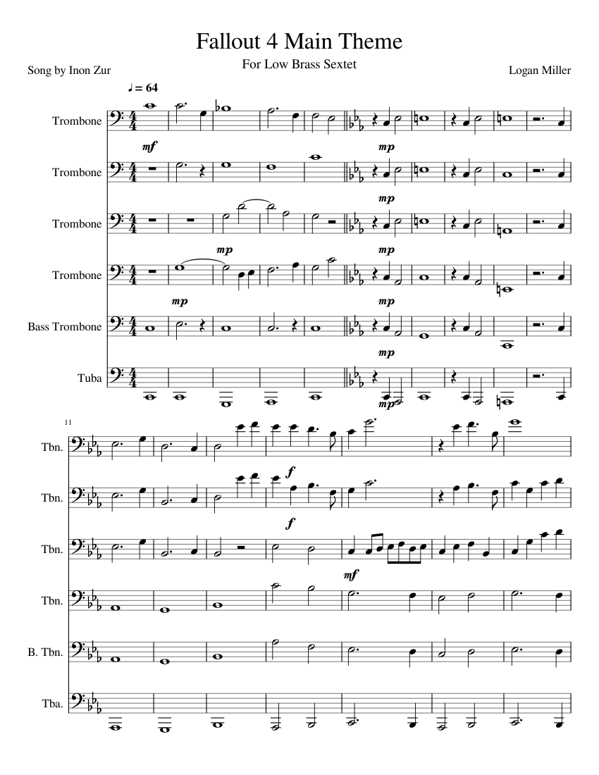 Fallout 4 Main Theme Low Brass Sextet Sheet music for Trombone, Tuba ...