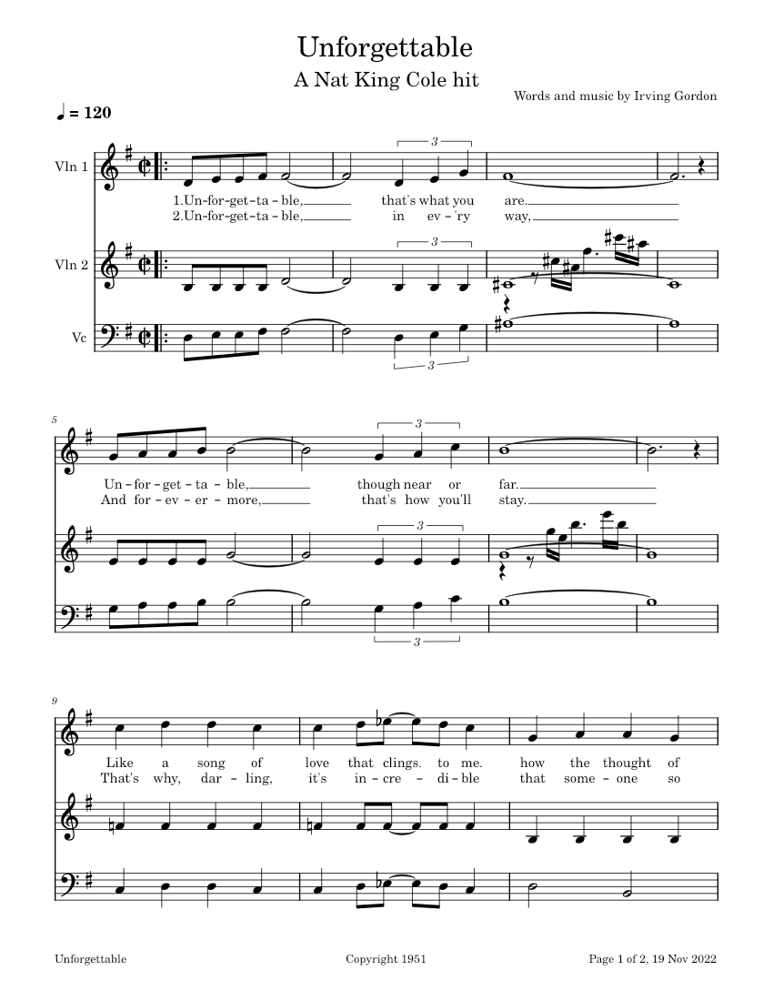 Unforgettable – Nat King Cole Sheet music for Violin, Cello (String ...