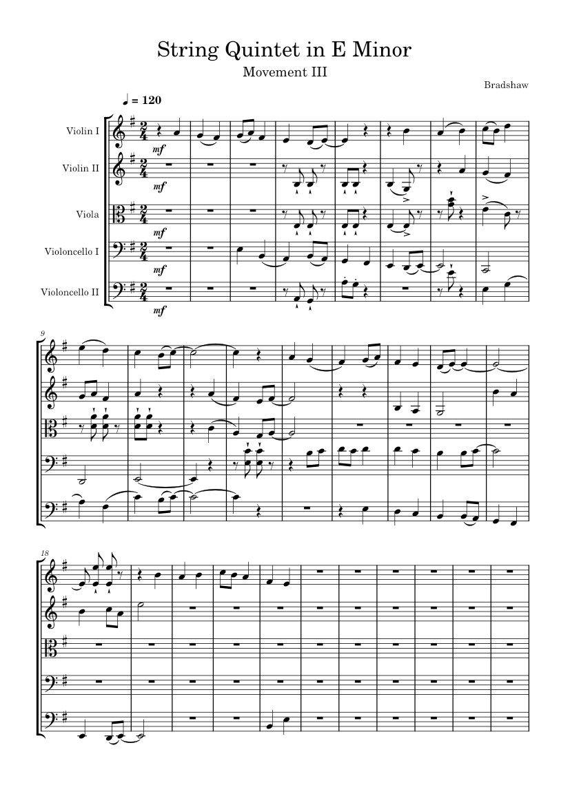 String Quintet in E Minor Mov III – Quantitative Sheet music for Violin, Viola, Cello (String ...