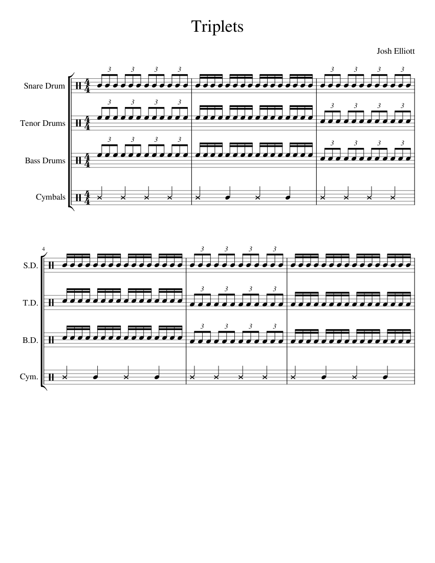 Triplets exercise Sheet music for Snare drum, Crash, Tenor drum, Bass drum (Mixed Quartet ...