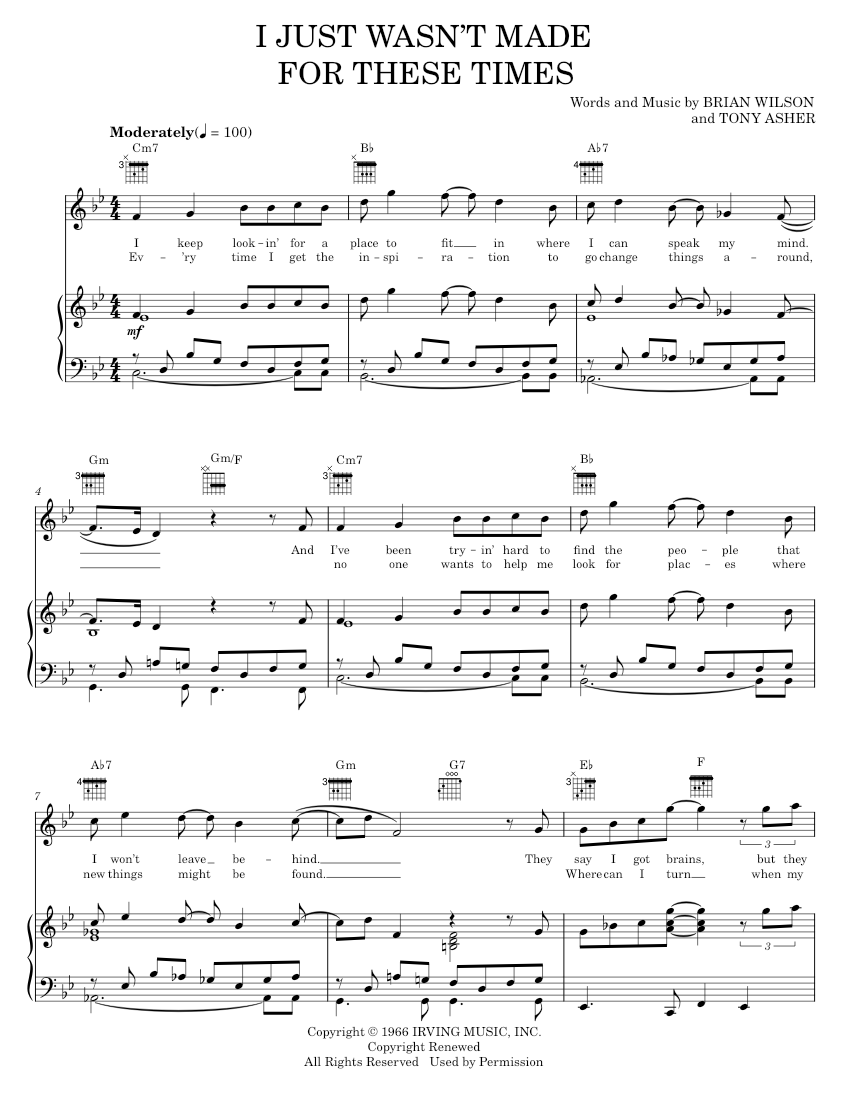 I Just Wasn't Made For These Times Sheet music for Piano, Vocals: Music ...