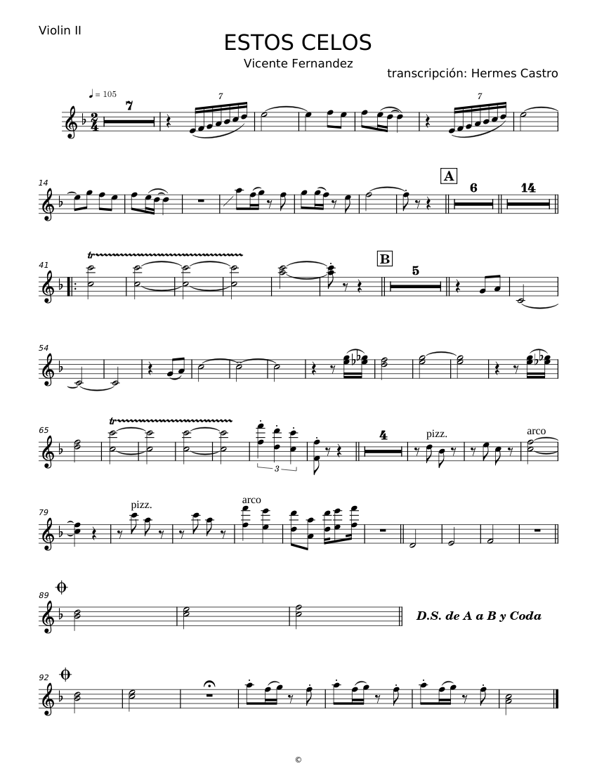 Estos celos - Vicente Fernández Sheet Music for Violin (Solo ...