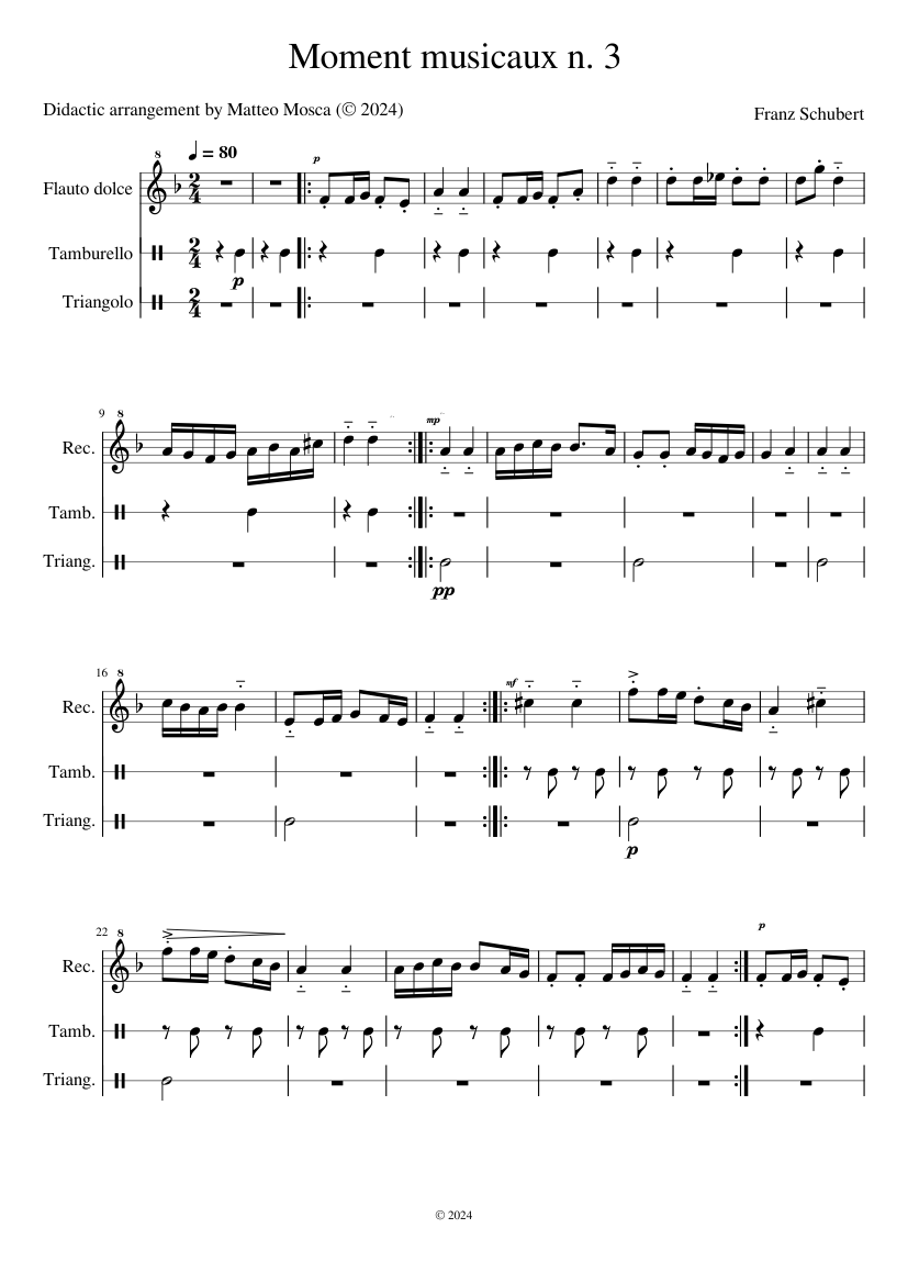 Moments Musicaux, Opus 94 No. 3 in F minor – Franz Schubert Sheet Music for Tambourine, Recorder ...