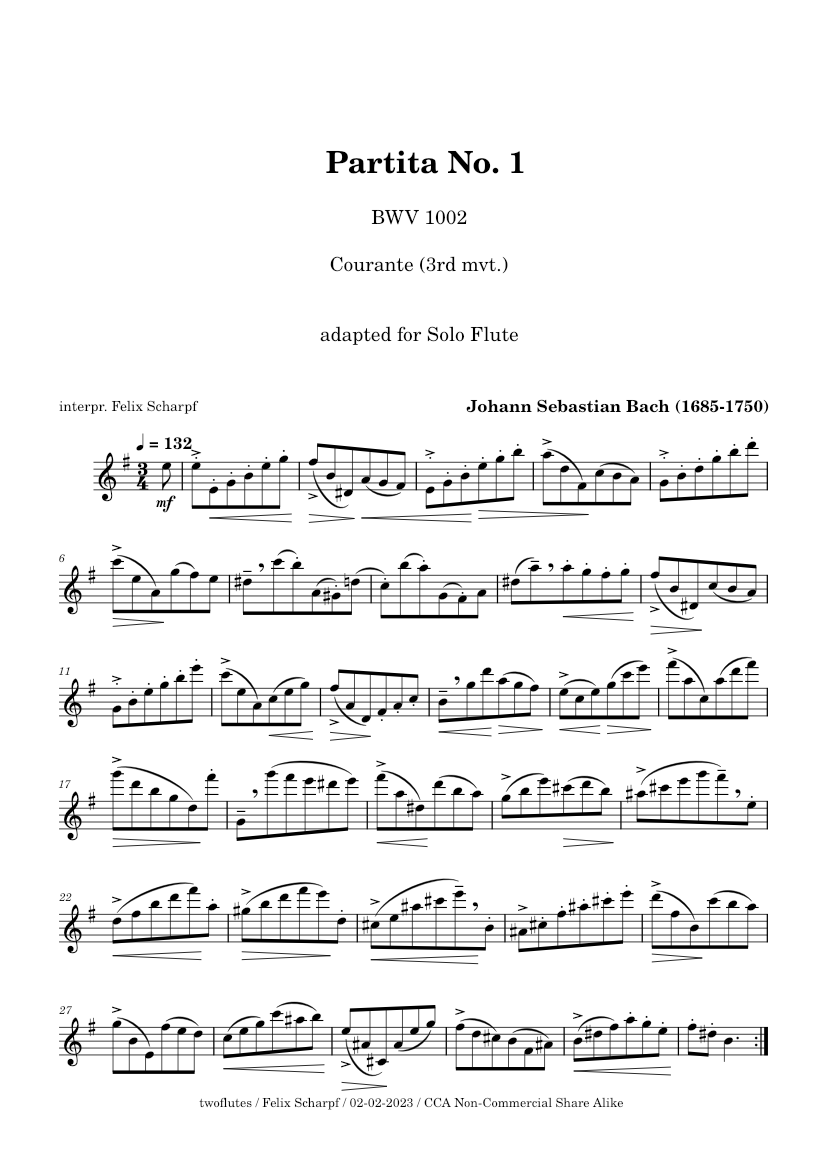 Partita No. 1, BWV 1002 (3. Courante) J. S. Bach - for Solo Flute Sheet ...