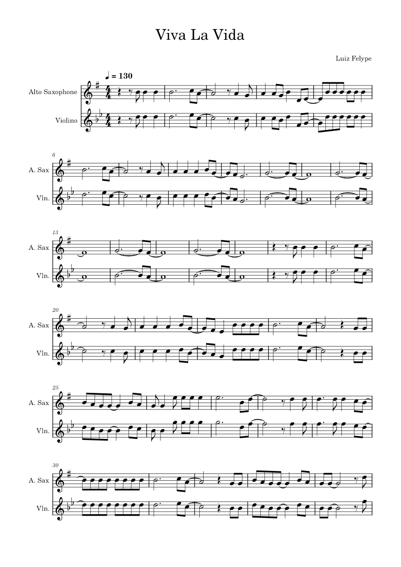 Viva la Vida – Coldplay Sheet Music for Saxophone alto, Violin (Mixed ...