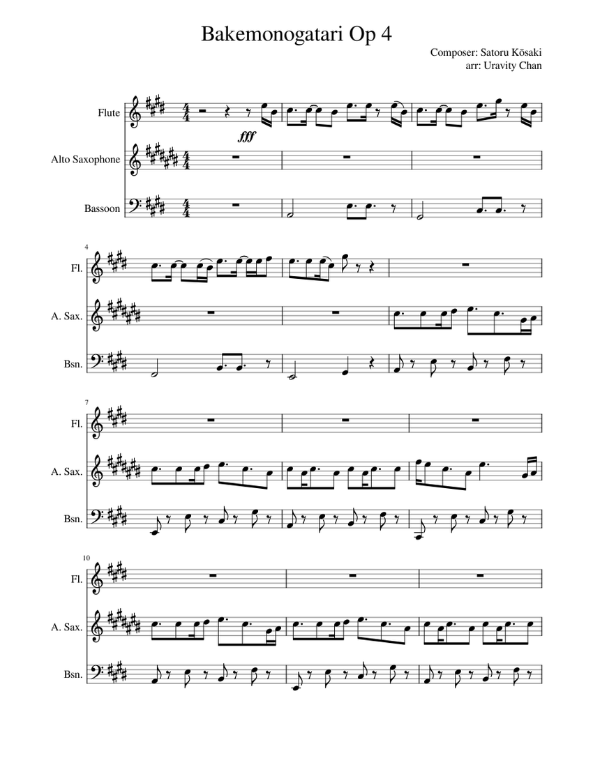 Bakemonogatari Op -4 Renai Circulation Sheet music for Flute, Bassoon ...