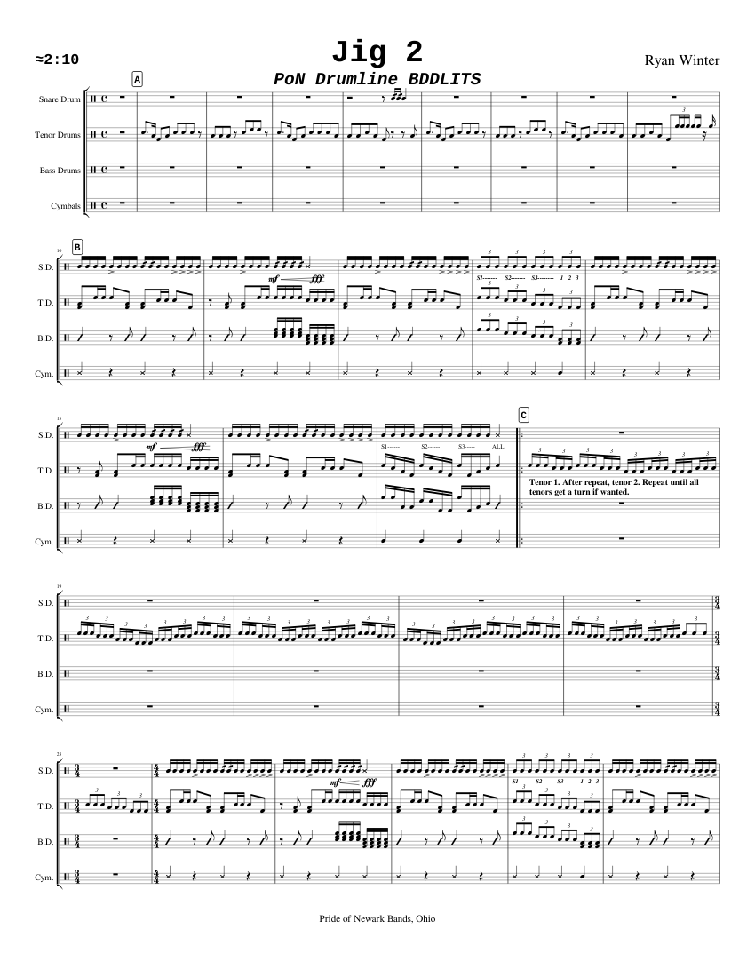 Jig 2 - 2018 OLD Sheet Music for Snare drum, Crash, Tenor drum, Bass ...