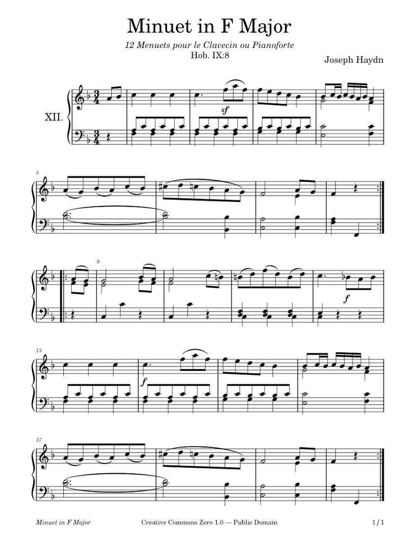 Minuet in F Major (Haydn, Joseph) Sheet music for Piano (Solo ...
