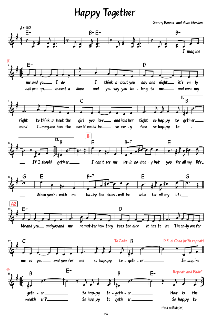 Happy Together (Lead sheet with lyrics ) Sheet Music with Chords for ...