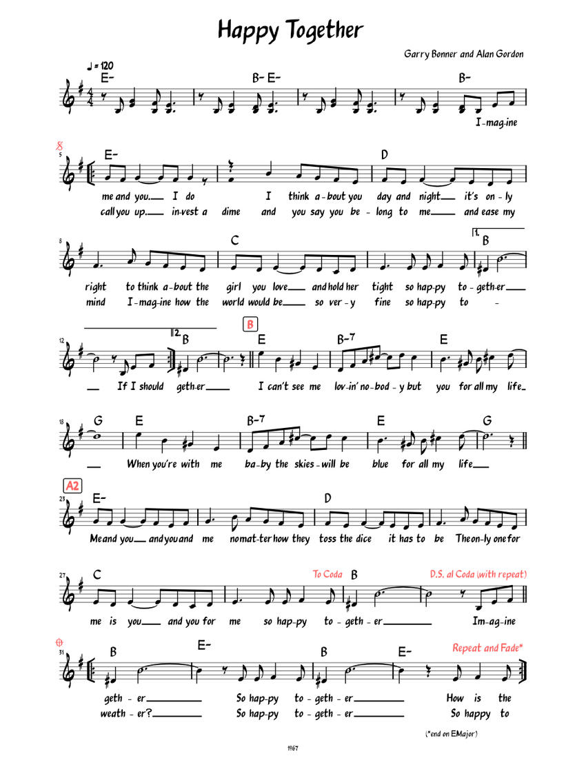 Happy Together (Lead sheet with lyrics ) Sheet music for Piano (Solo ...