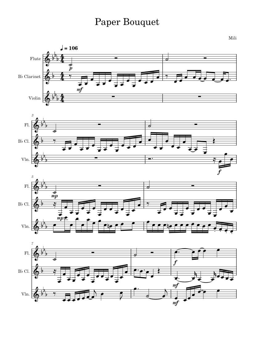 Paper Bouquet – Mili Sheet music for Flute, Clarinet in b-flat, Violin ...