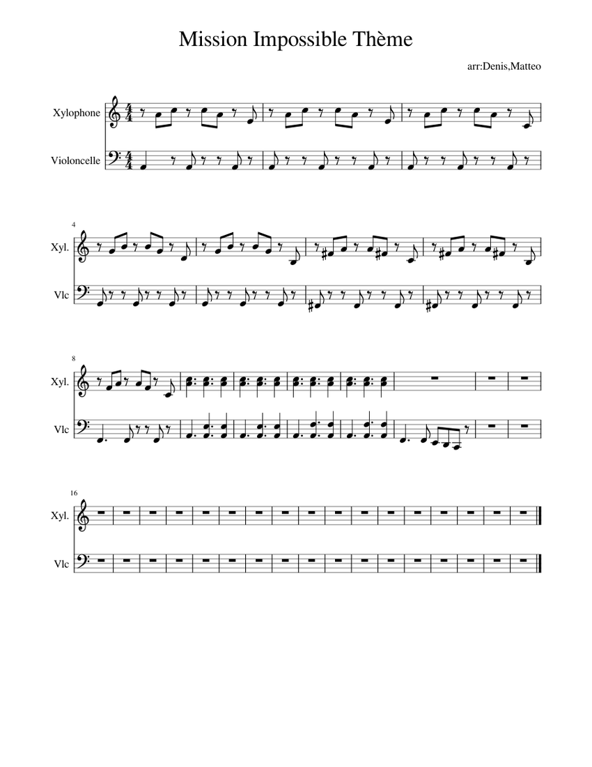 Mission Impossible Thème Sheet music for Cello, Xylophone (Mixed Duet ...