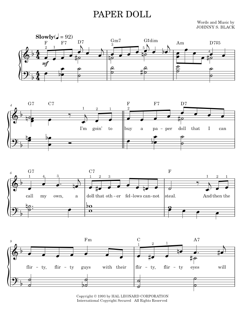 Play Official version of Paper Doll Sheet Music by Johnny S. Black for ...