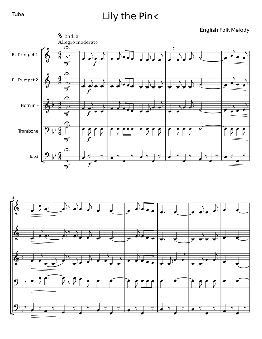 Lily the Pink Sheet Music for Trombone, Tuba, French horn, Trumpet ...