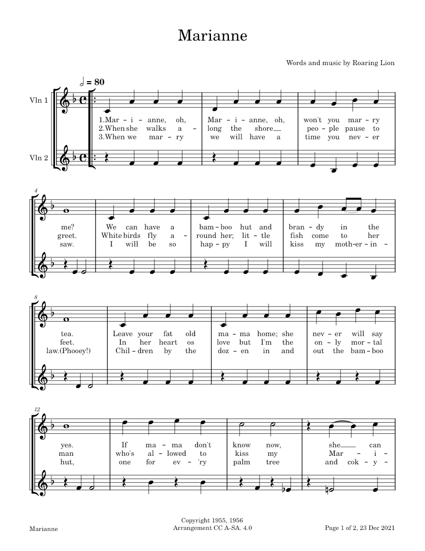 Marianne – Terry Gilkyson Sheet music for Violin (String Duet ...