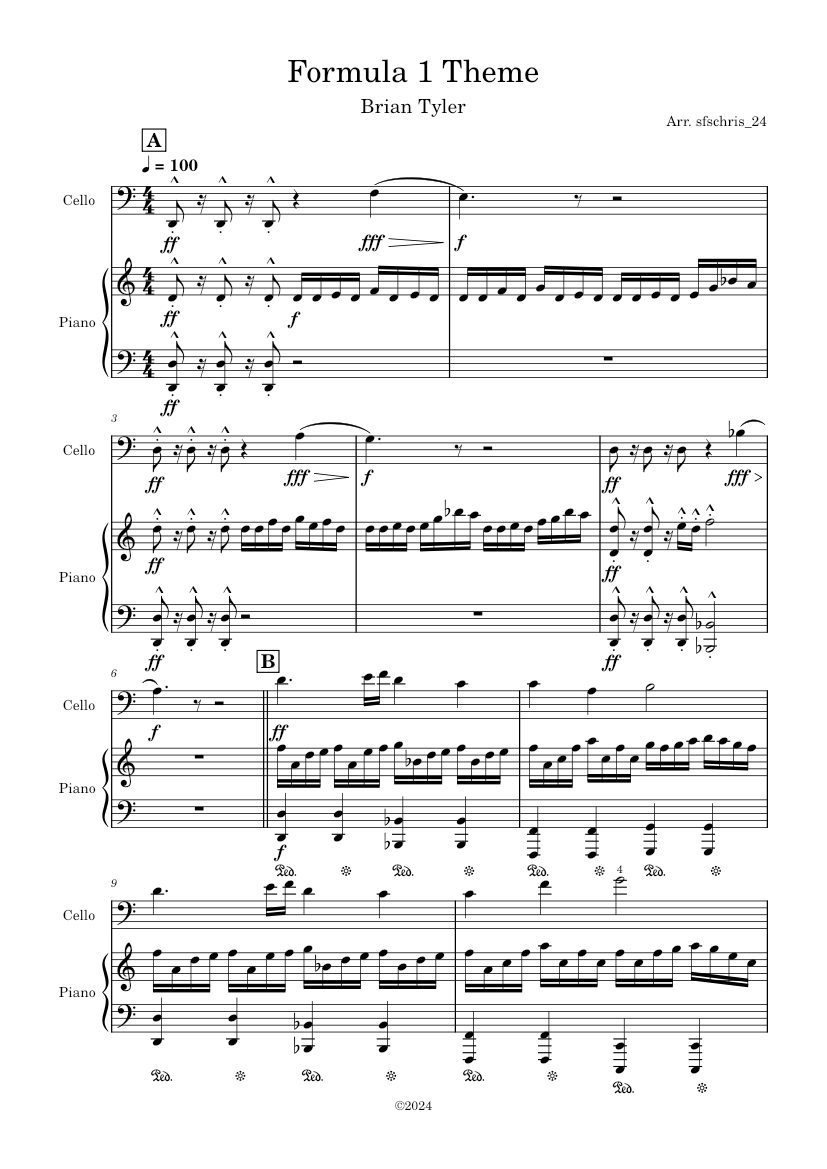 Formula 1 Theme – Brian Tyler (arrangement) Sheet music for Piano, Cello (String Duet ...