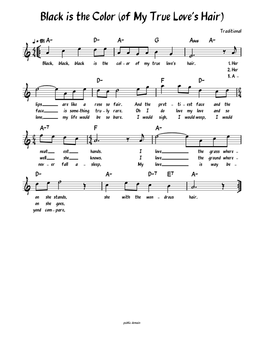 Black is the Color of My True Love's Hair (Lead sheet with lyrics ...