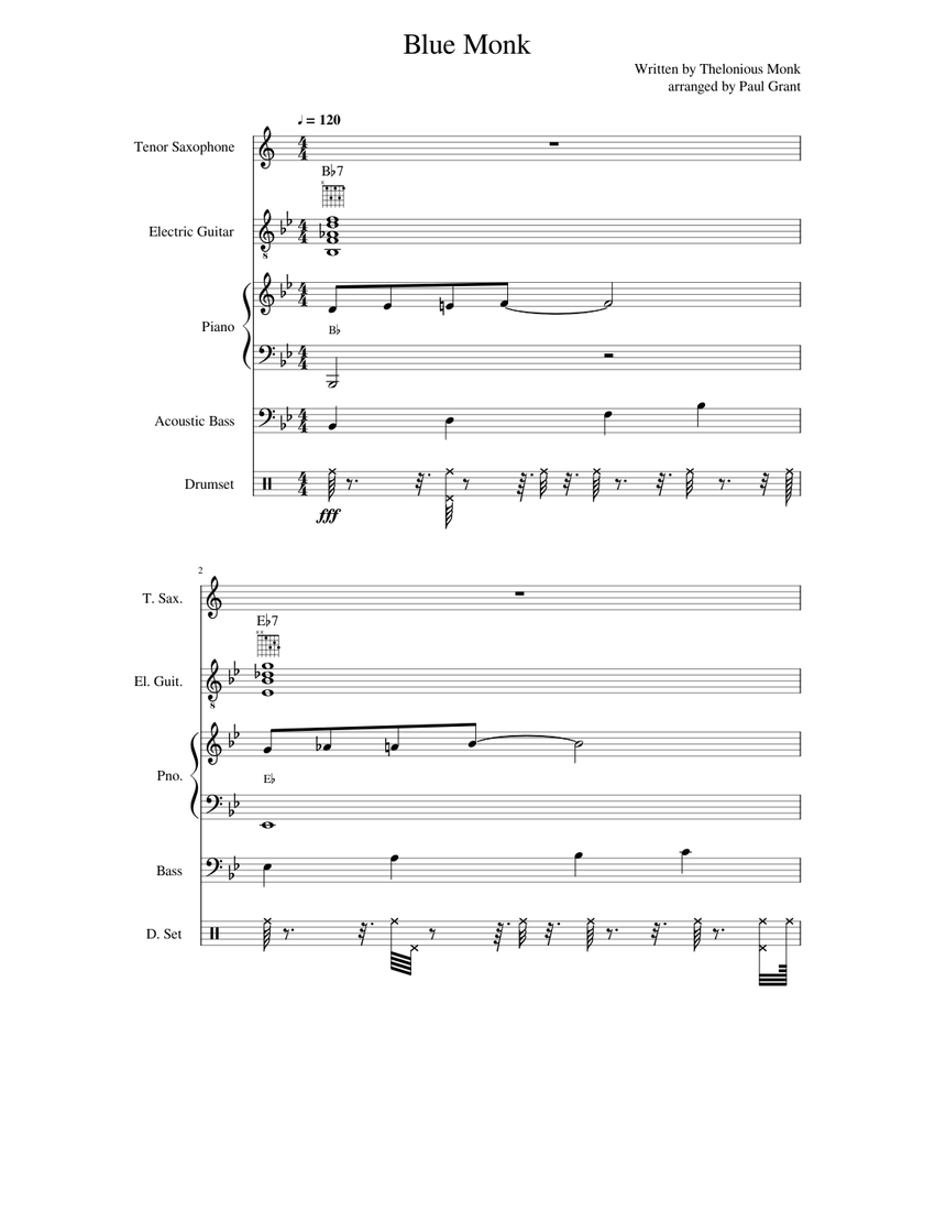 Blue Monk El Guit PianoTSax Bass and Drum Fin Sheet music for Piano ...