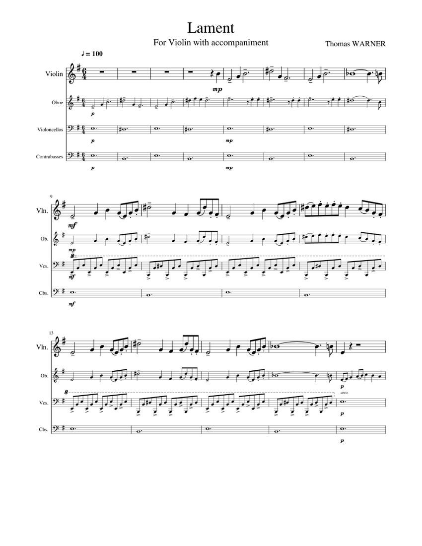 Lament Sheet music for Oboe, Violin, Strings group (Mixed Quartet ...