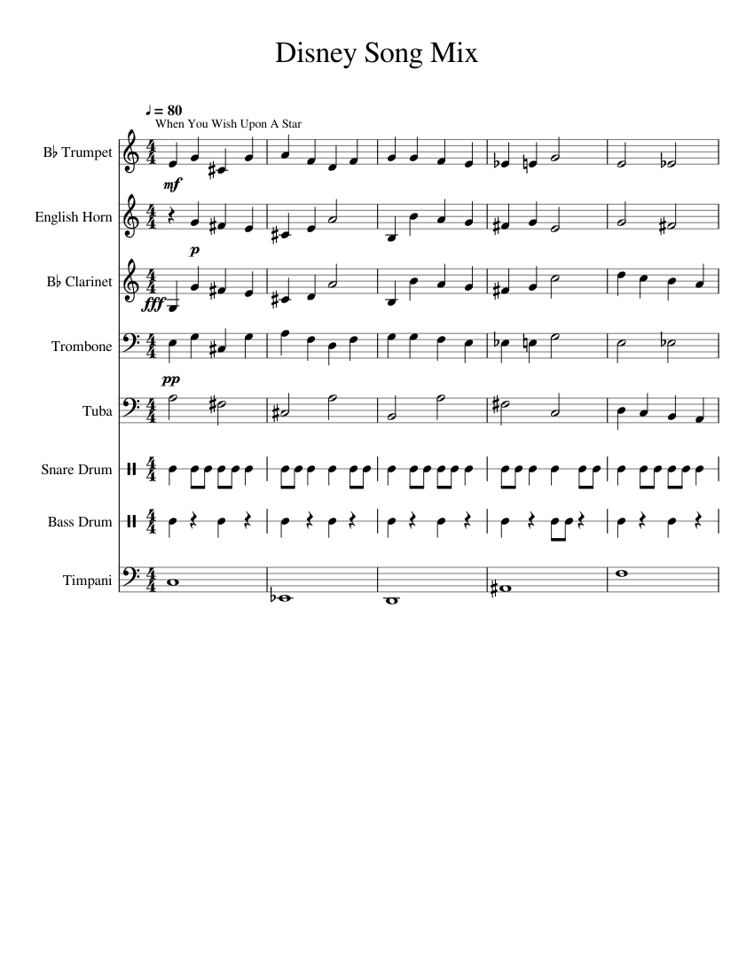 Disney Song Mix Sheet music for Trombone, Tuba, Oboe, Clarinet in b ...