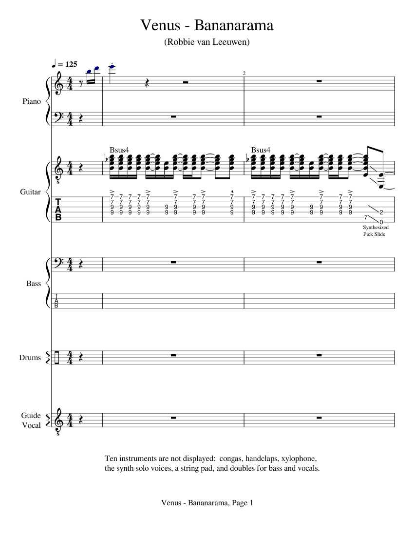 Venus Bananarama Sheet Music and Tab with Chords for Piano, Guitar ...
