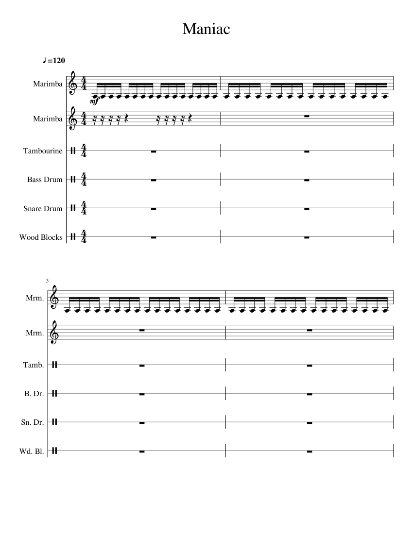 Maniac Sheet music for Tambourine, Snare drum, Bass drum, Marimba ...
