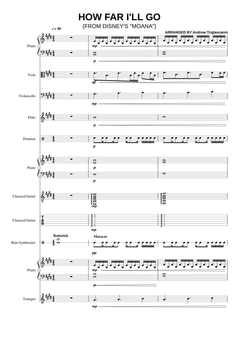 Moana How Far I'll Go Sheet Music and Tab for Piano, Flute, Viola ...
