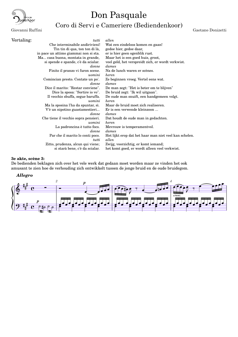 Don Pasquale, Coro di Servi e Cameriere (Bediendenkoor): Che interminabile andirivieni! Sheet ...