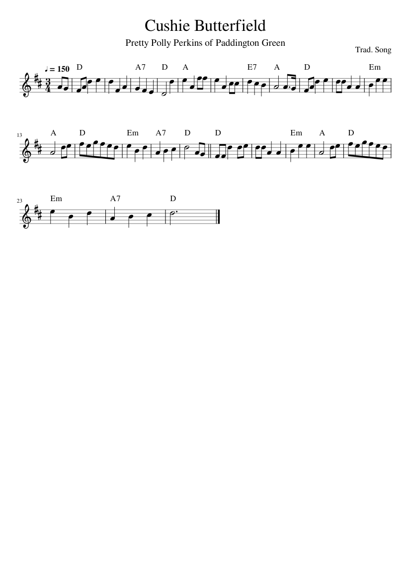 Traditional music - Cushie Butterfield Sheet Music with Chords for ...