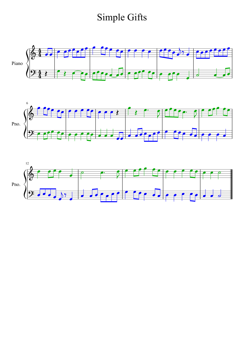 Simple Gifts (2-Part Round) Sheet Music for Piano (Solo) easy ...