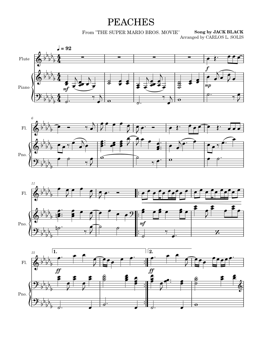 PEACHES (C) (THE SUPER MARIO BROS. MOVIE) Sheet Music for Piano, Flute ...