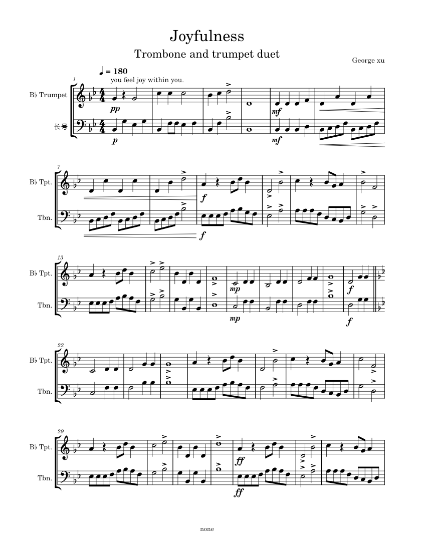Joyfulness Sheet music for Trombone, Trumpet in b-flat (Brass Duet) | Musescore.com