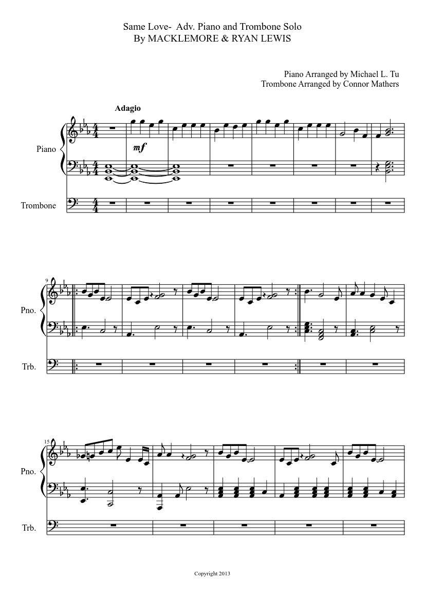 Same Love- Adv. Piano and Trombone Solo By MACKLEMORE & RYAN LEWIS Sheet music for Piano ...