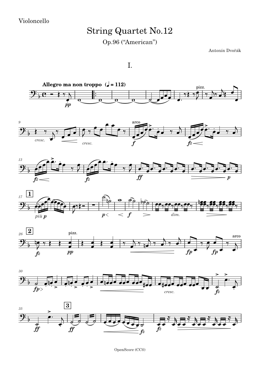 String Quartet No.12, Op.96 (“American”) – Antonín Dvořák - Cello PART Sheet Music for Cello ...