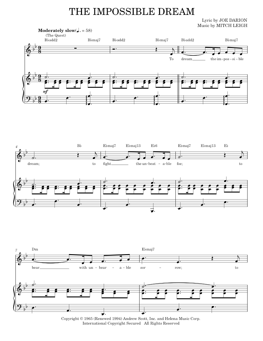 Play Official version of The Impossible Dream sheet music by MITCH LEIGH for Piano, Vocals ...
