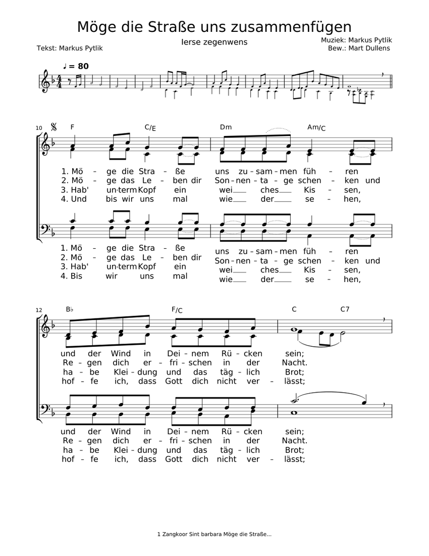 Möge die Straße uns zusammenfügen_koorpartituur Sheet music for Piano, Soprano, Alto, Tenor ...