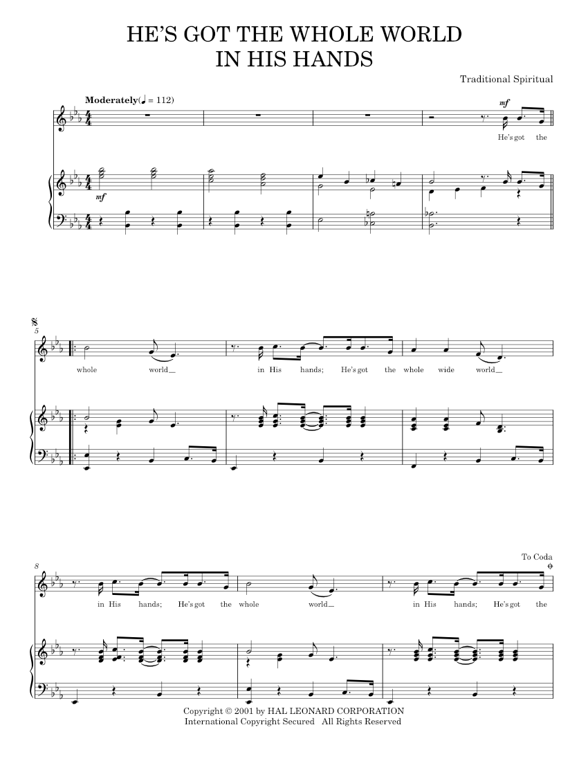He’s got the whole world in his hands Sheet music for Piano, Vocals ...