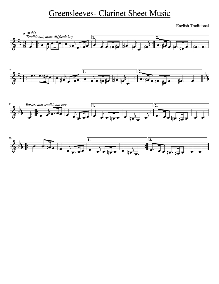 Greensleeves – Clarinet Sheet Music Sheet music for Clarinet in b-flat ...