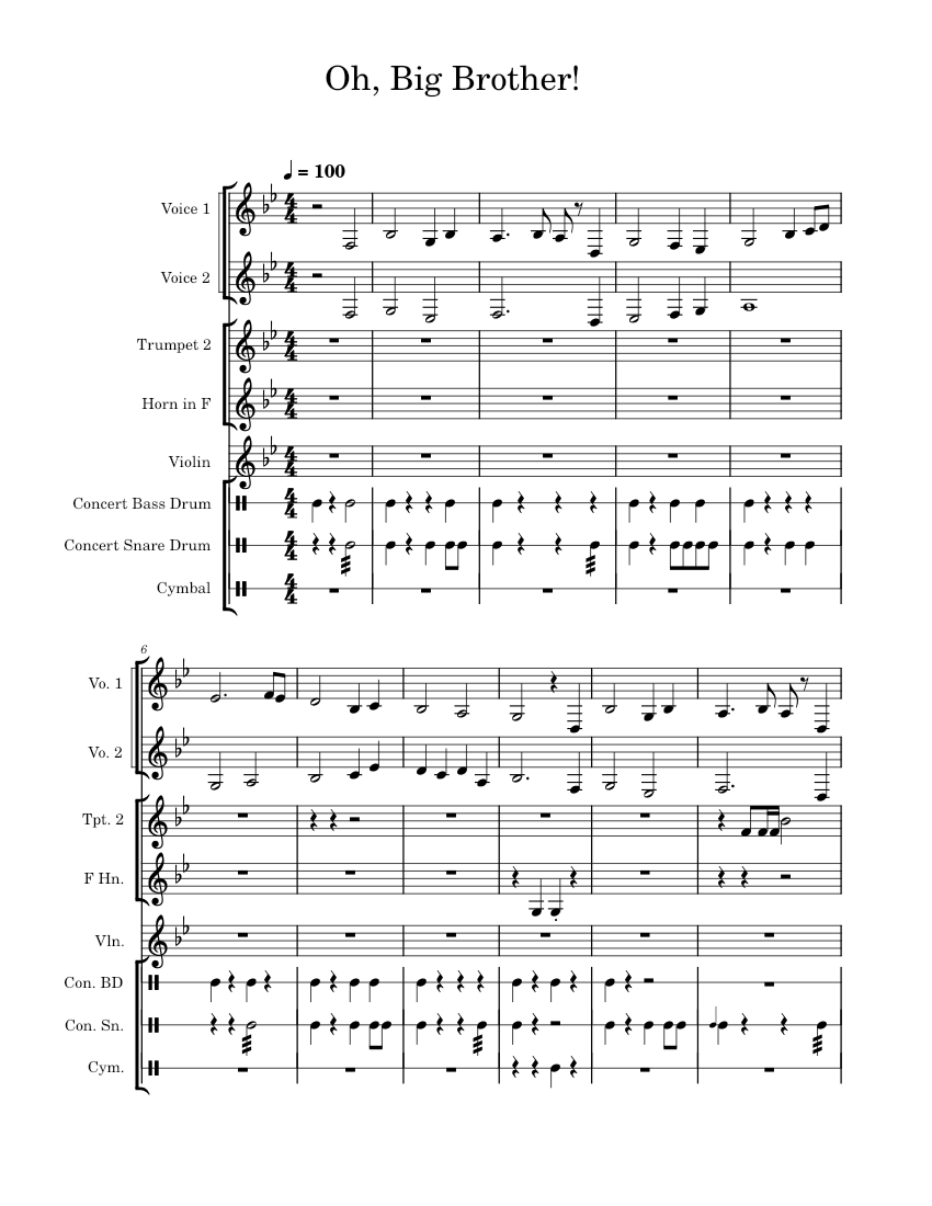 Oh, Big Brother! Sheet music for Vocals, French horn, Snare drum, Crash ...