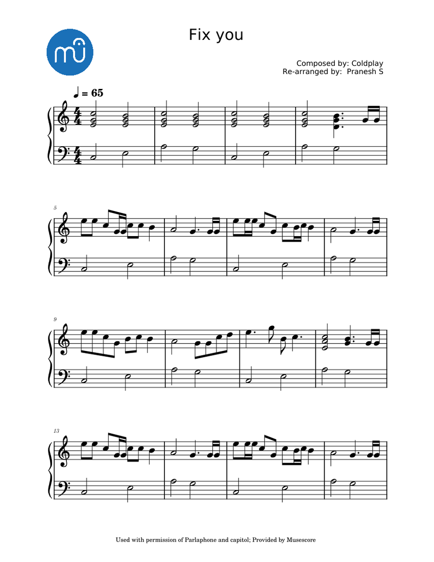 Fix You – Coldplay Coldplay Fix you Sheet music for Piano (Solo) Easy ...