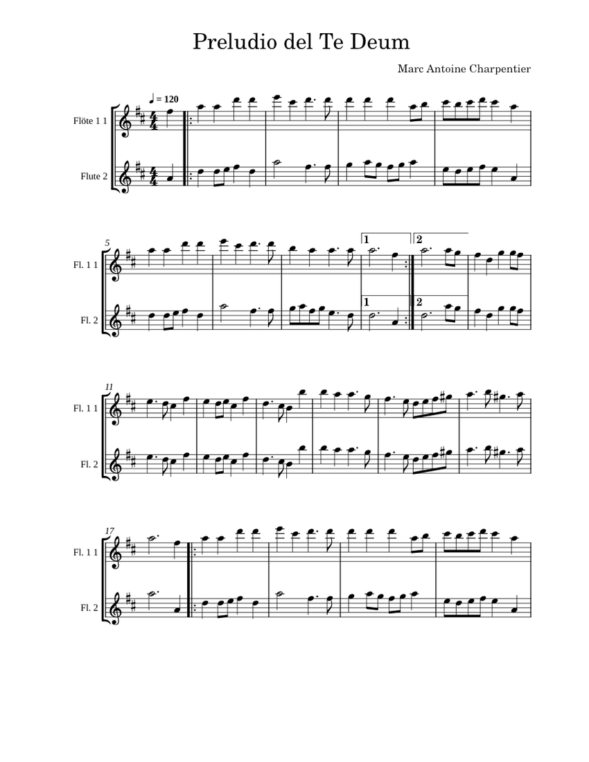 Te Deum (Prelude) – Charpentier, Marc-Antoine Preludio del Te Deum Sheet music for Flute ...