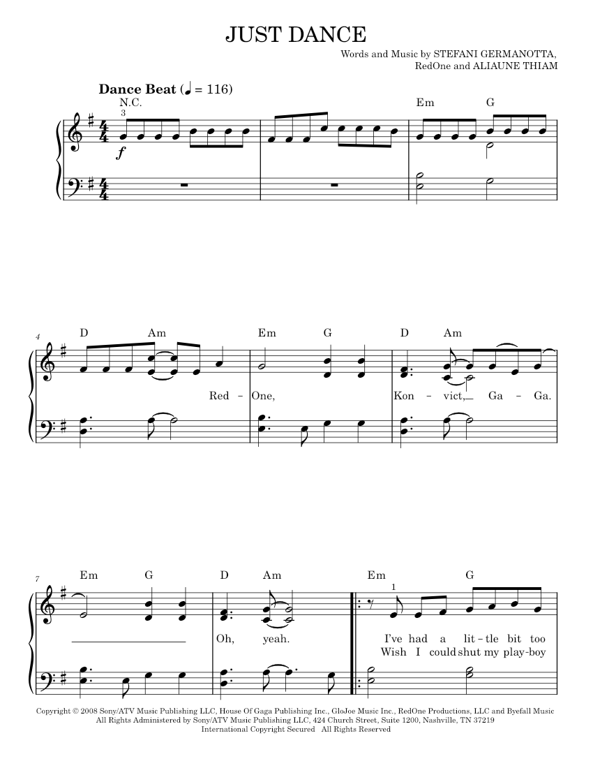 Play Official version of Just dance sheet music by Lady Gaga for Piano ...