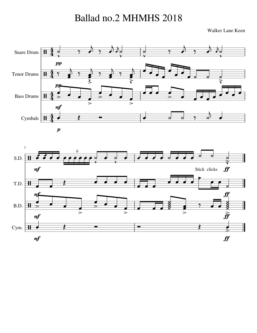 Ballad no.2 MHMHS 2018(rpugh draft) Sheet music for Snare drum, Crash ...