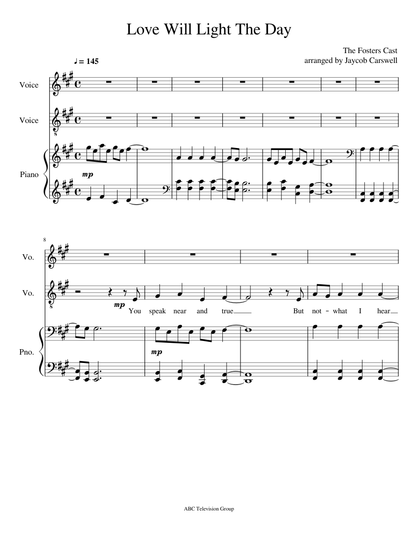 The Fosters Cast - Love Will Light The Day Sheet Music for Piano ...