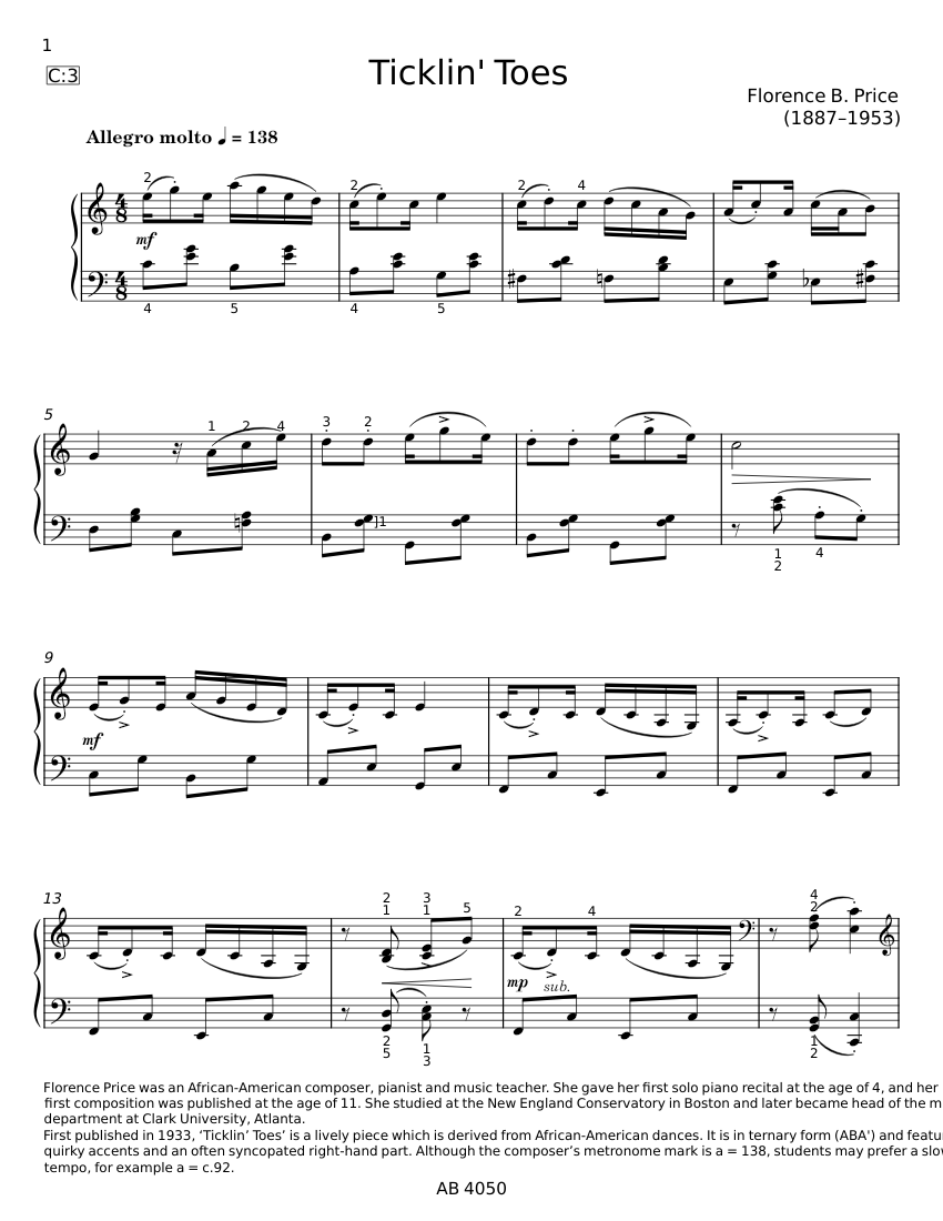 Ticklin Toes - Florence B. Price Sheet Music for Piano (Solo ...