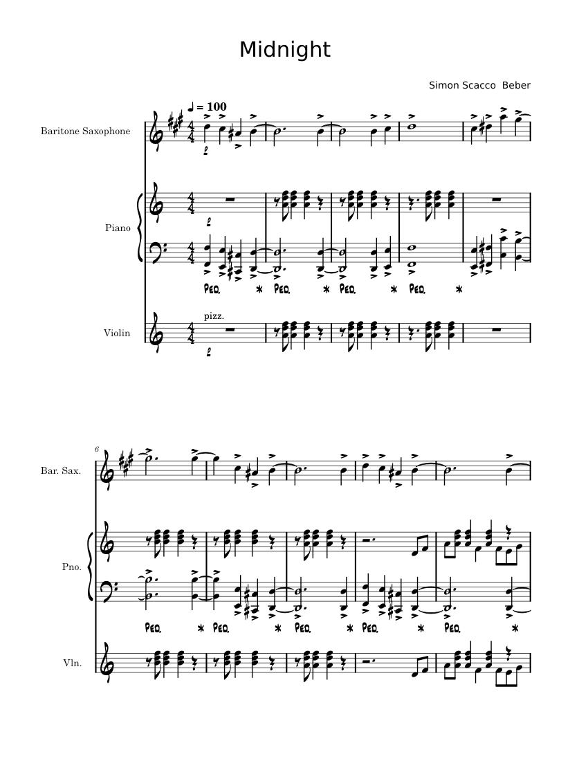 Midnight Sheet music for Piano, Saxophone baritone, Violin (Mixed ...